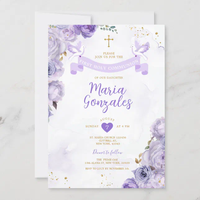 Purple First Holy Communion Cross Butterfly Floral Invitation | Zazzle