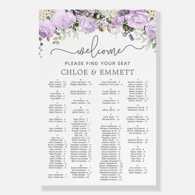Purple Floral Alphabetical Seating Chart Foam Board | Zazzle