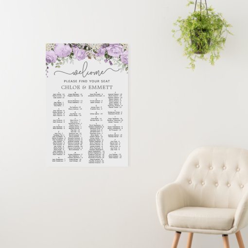 Purple Floral Alphabetical Seating Chart Foam Board | Zazzle