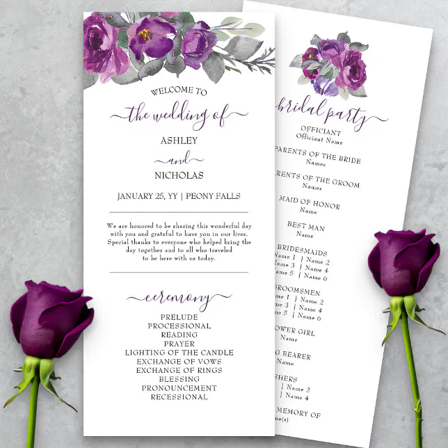 Purple Floral and Elegant Script Wedding Program | Zazzle