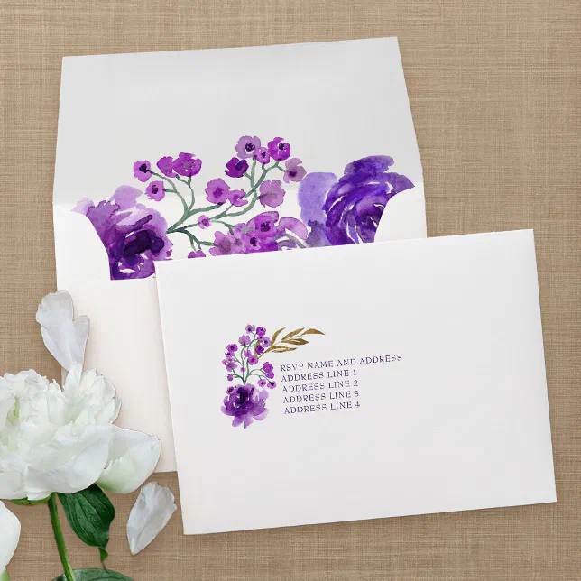 Purple Floral and Gold Leaf Addressed RSVP Envelope | Zazzle