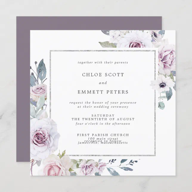 Purple Floral and Silver Frame Square Wedding Invitation | Zazzle