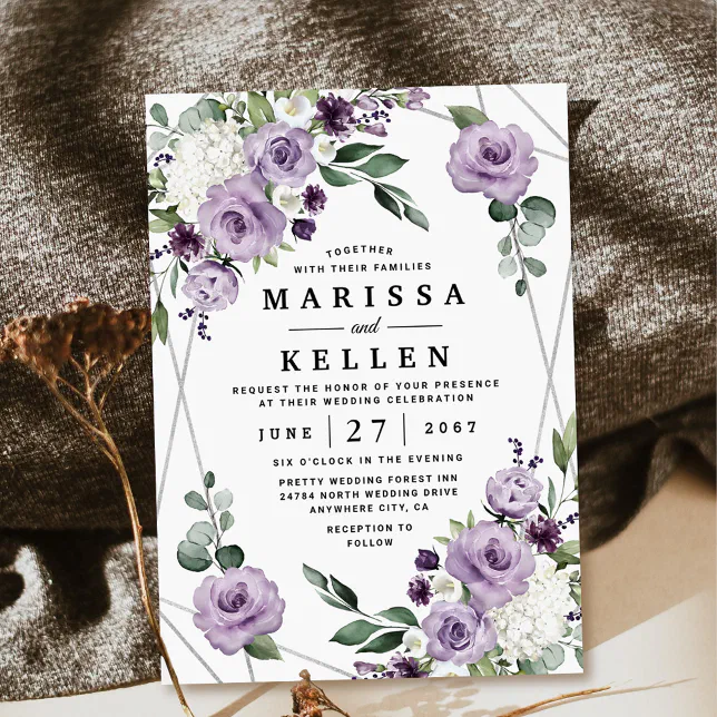 Purple Floral and Silver Geometric Elegant Wedding Invitation | Zazzle
