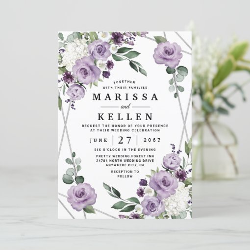Purple Floral and Silver Geometric Elegant Wedding Invitation | Zazzle