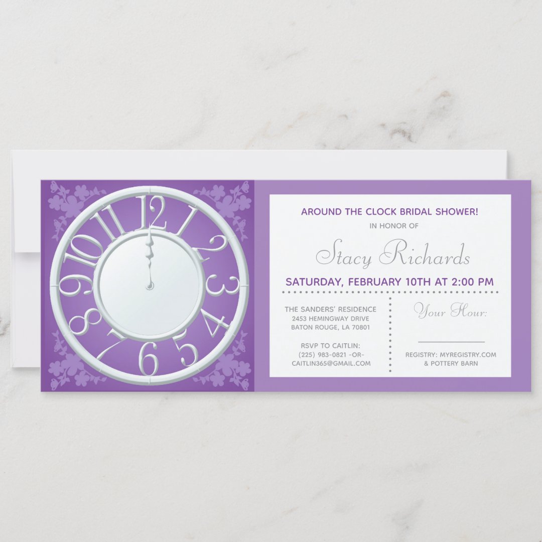 Purple Floral Around the Clock Shower Invite | Zazzle
