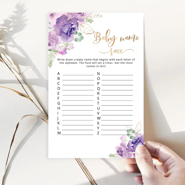 Purple floral baby name race baby shower game | Zazzle