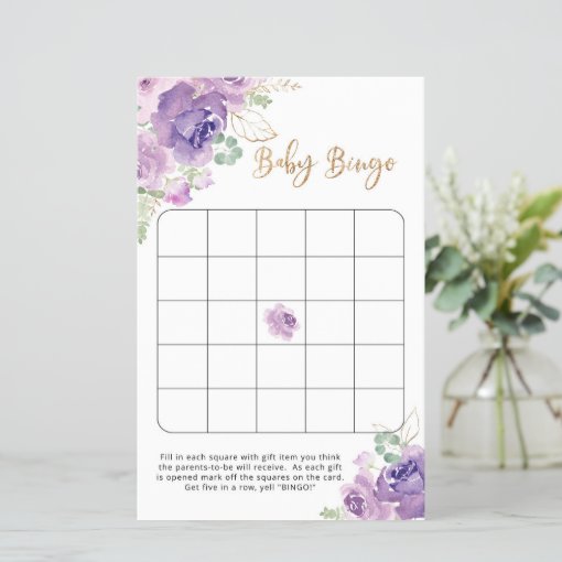 Purple floral baby shower bingo game | Zazzle
