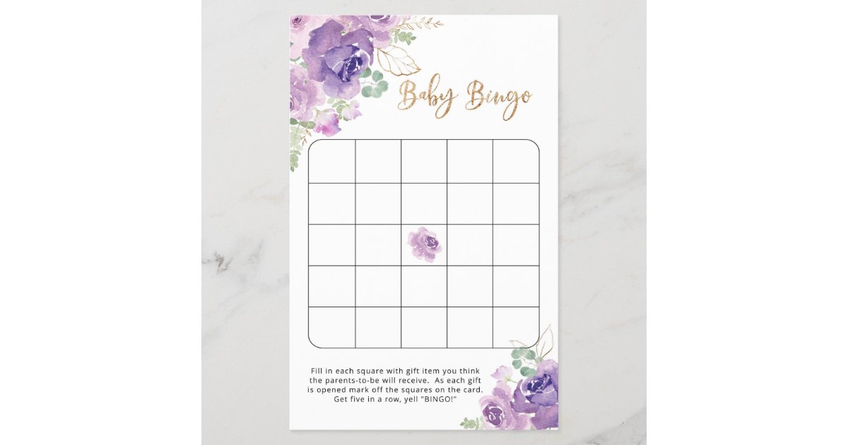 Purple floral baby shower bingo game | Zazzle