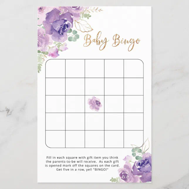 Purple floral baby shower bingo game | Zazzle