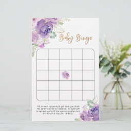 Purple floral baby shower bingo game | Zazzle