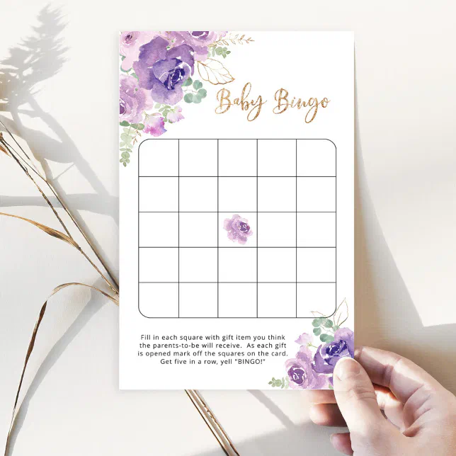 Purple floral baby shower bingo game | Zazzle