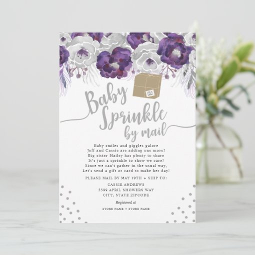 Purple Floral Baby Sprinkle by mail Invitation | Zazzle