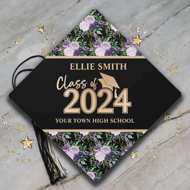 Purple Floral Black Gold Class 2024 Graduation Graduation Cap Topper ...