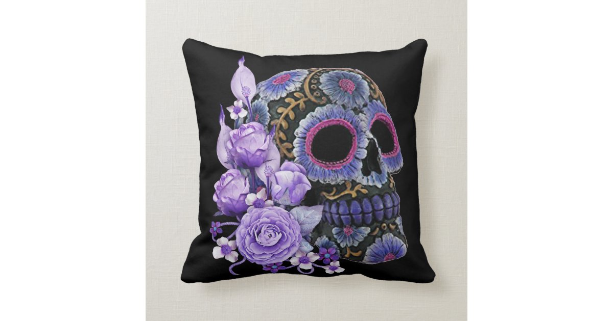 Purple Floral Black Sugar Skull Day Of The Dead Throw Pillow