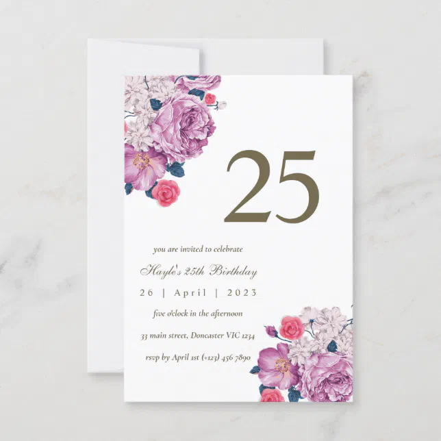Purple Floral Botanical Simple Chic 25th Birthday Invitation | Zazzle