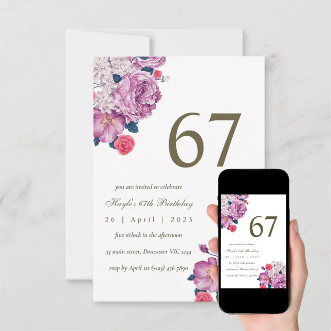 Purple Floral Botanical Simple Chic 67th Birthday Invitation | Zazzle