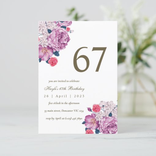 Purple Floral Botanical Simple Chic 67th Birthday Invitation | Zazzle