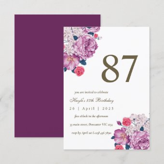 Purple Floral Botanical Simple Chic 87th Birthday Invitation | Zazzle