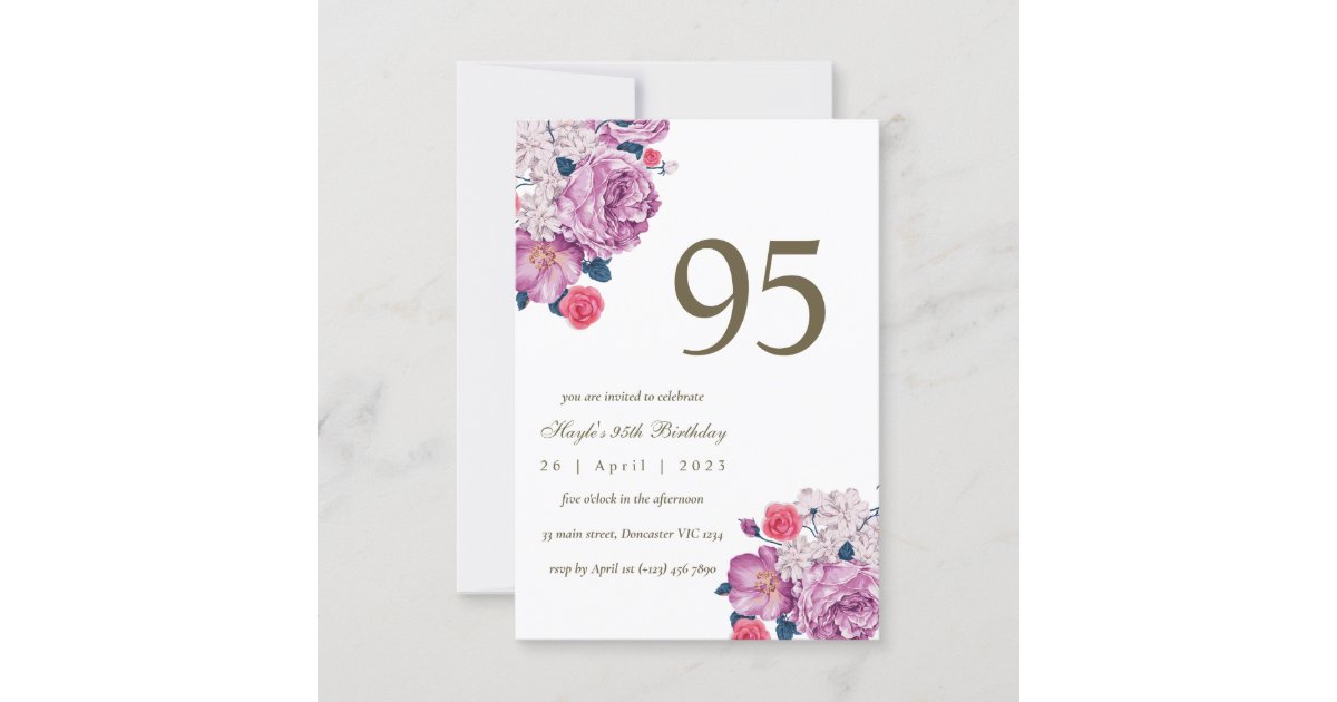 Purple Floral Botanical Simple Chic 95th Birthday Invitation | Zazzle