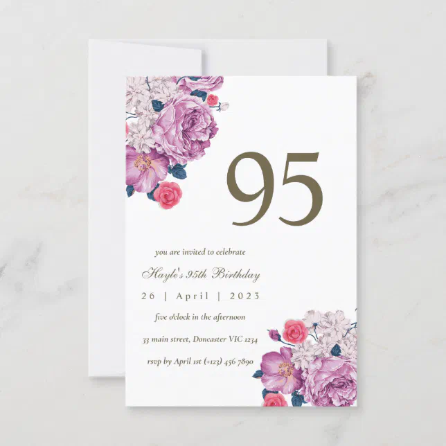 Purple Floral Botanical Simple Chic 95th Birthday Invitation | Zazzle