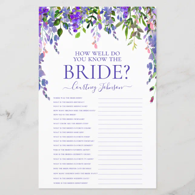 Purple Floral Bridal Shower Game | Zazzle