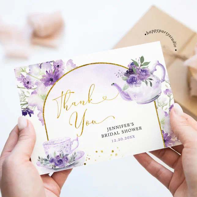 Purple Floral Bridal Shower Tea Thank You Card | Zazzle