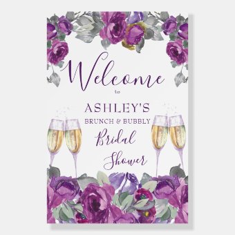 Purple Floral Brunch and Bubbly Welcome Sign Board | Zazzle