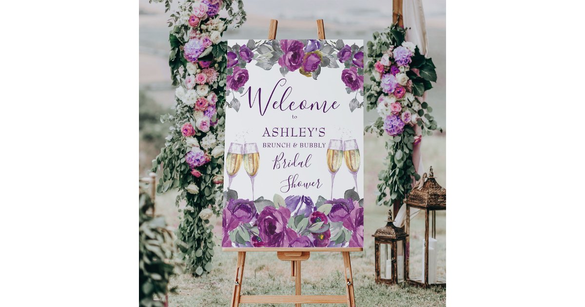 Purple Floral Brunch and Bubbly Welcome Sign Board | Zazzle