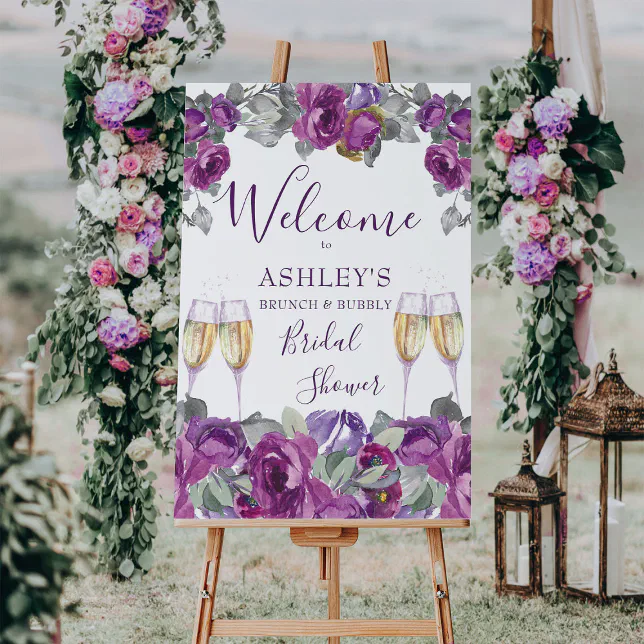 Purple Floral Brunch and Bubbly Welcome Sign Board | Zazzle