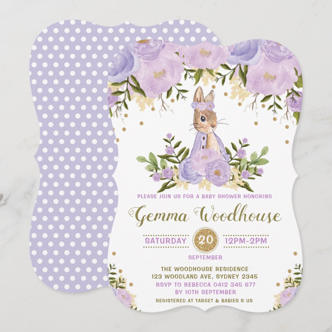 Purple Floral Bunny Rabbit Baby Shower Invitation | Zazzle