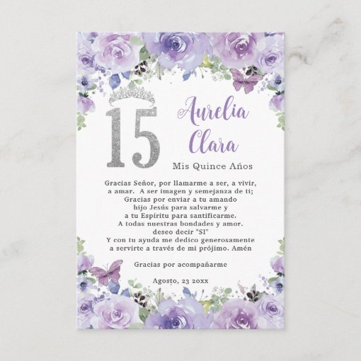 Purple Floral Butterflies Quinceañera Prayer Card | Zazzle