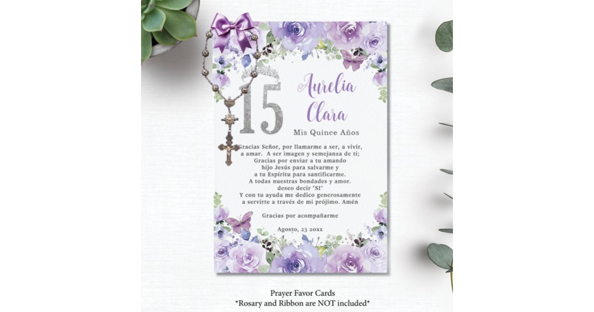 Purple Floral Butterflies Quinceañera Prayer Card | Zazzle