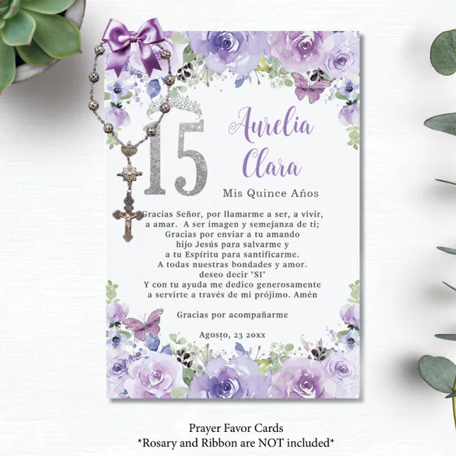 Purple Floral Butterflies Quinceañera Prayer Card | Zazzle