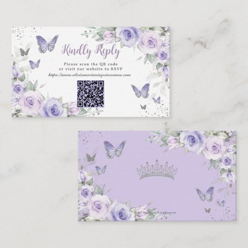 Purple Floral Butterflies Quinceañera QR Code RSVP Enclosure Card | Zazzle
