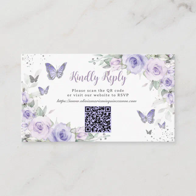 Purple Floral Butterflies Quinceañera QR Code RSVP Enclosure Card | Zazzle