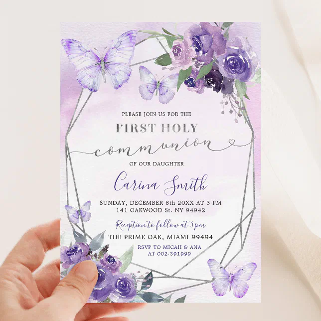 Purple Floral Butterfly Girl First Holy Communion Invitation | Zazzle