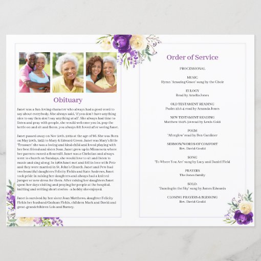 Purple Floral Celebration of Life Funeral Program | Zazzle