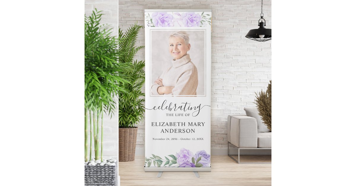 Purple Floral Celebration of Life Photo Retractable Banner | Zazzle
