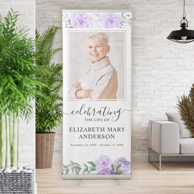 Purple Floral Celebration of Life Photo Retractable Banner | Zazzle