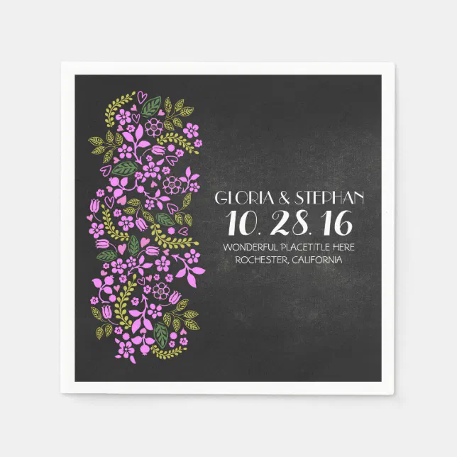 purple floral chalkboard wedding paper napkins | Zazzle