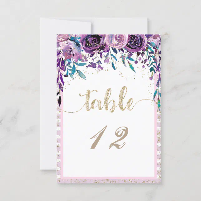 Purple Floral Champagne Gold Wedding Table Numbers | Zazzle