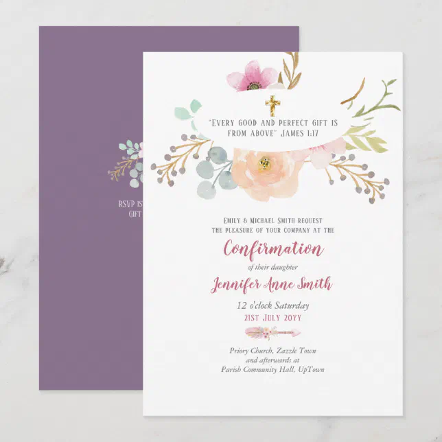 Purple Floral Confirmation Invitation Catholic | Zazzle