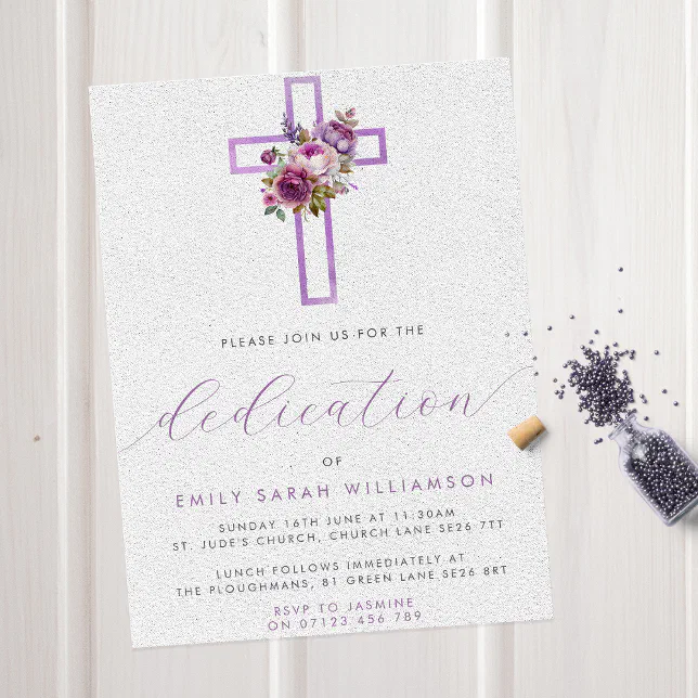 Purple Floral Cross Modern Script Baby Dedication Invitation | Zazzle