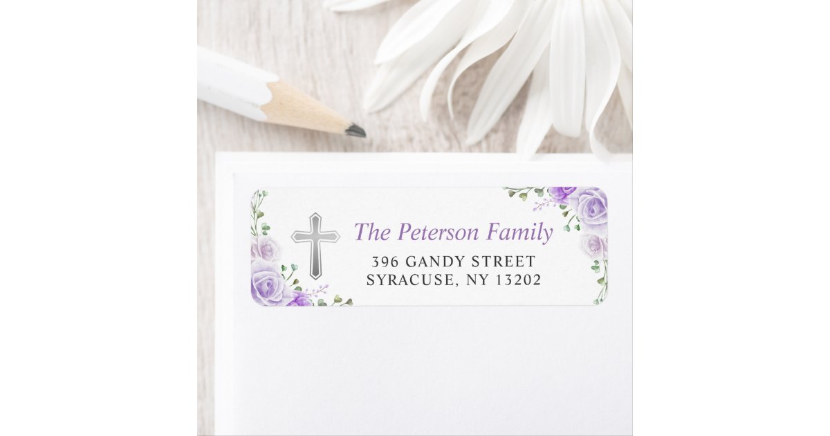 Purple Floral Cross Religious Return Address Label | Zazzle
