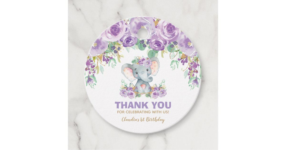 Purple Floral Cute Elephant Birthday Thank You Favor Tags | Zazzle