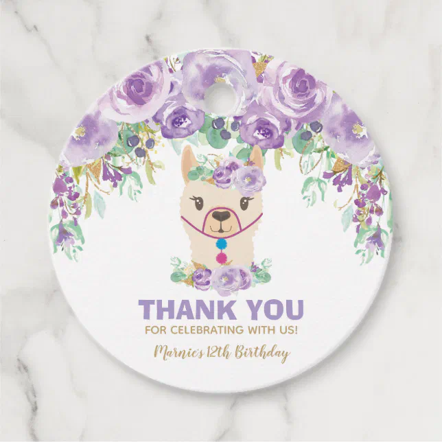 Purple Floral Cute Llama Birthday Girl Thank You Favor Tags | Zazzle