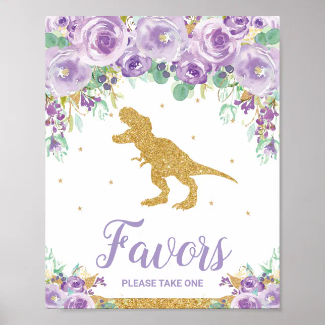 Purple Floral Dinosaur Birthday Party Girl Favors Poster | Zazzle