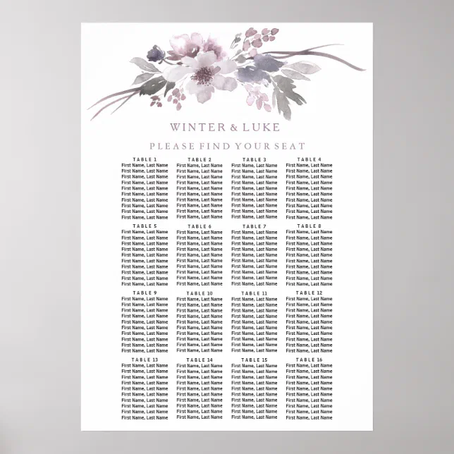 Purple Floral Elegant 16 Table Seating Chart | Zazzle