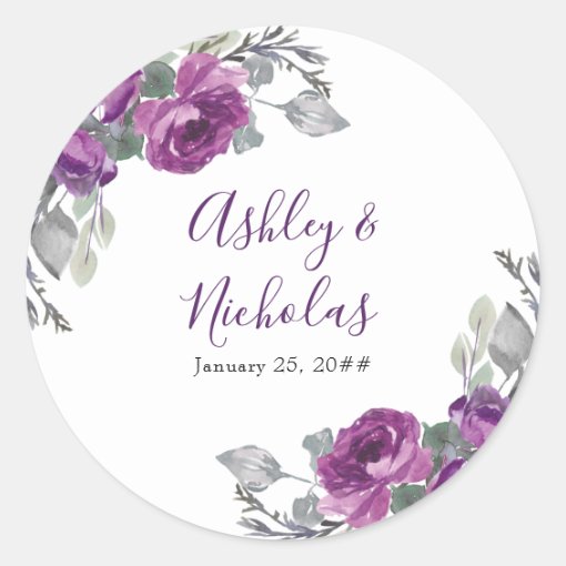 Purple Floral Elegant Bride and Groom Name Classic Round Sticker | Zazzle
