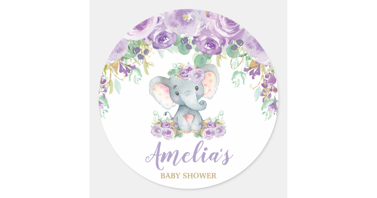 Purple Floral Elephant Baby Shower Girl Favor Classic Round Sticker ...